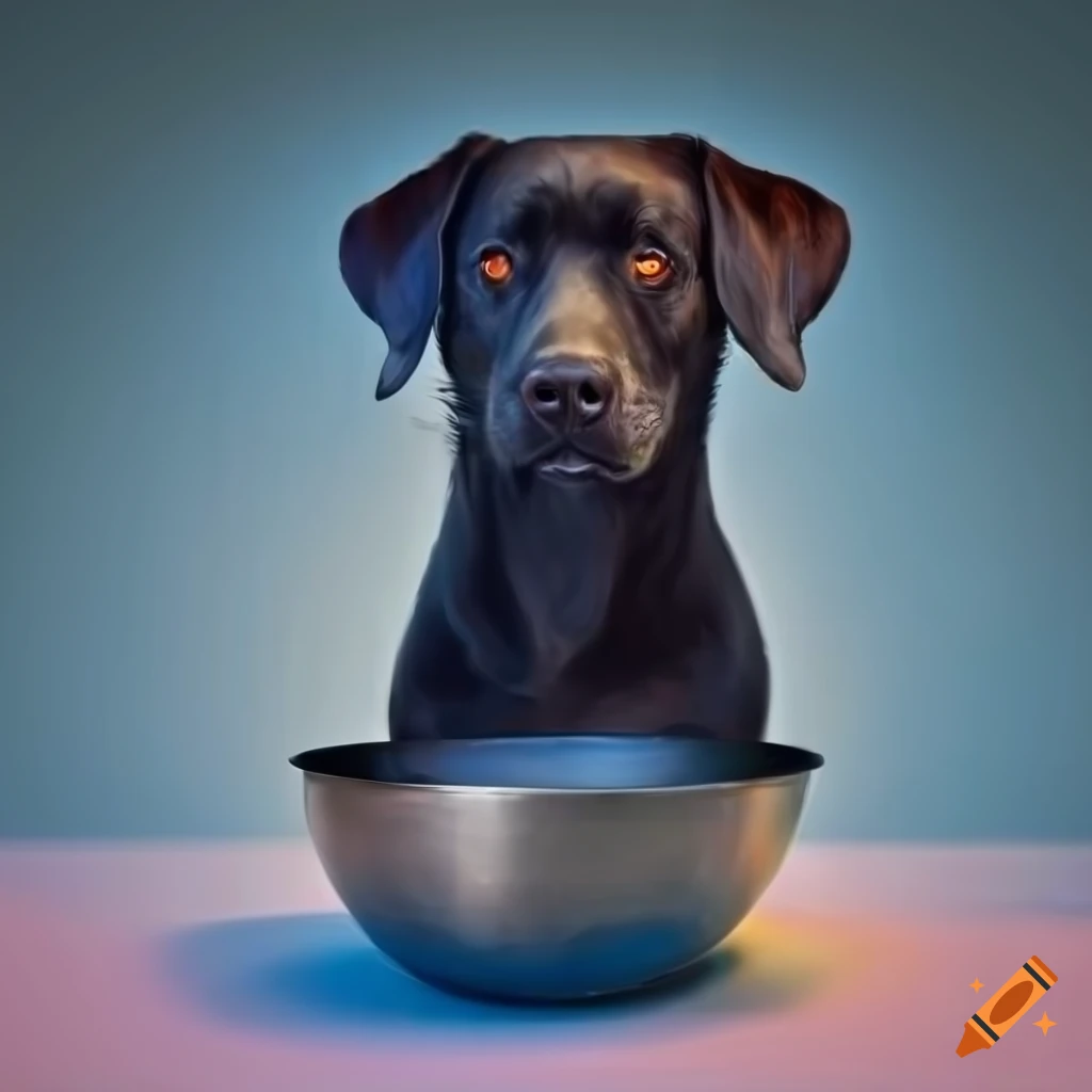 Abstract black labrador with an empty metal bowl on Craiyon