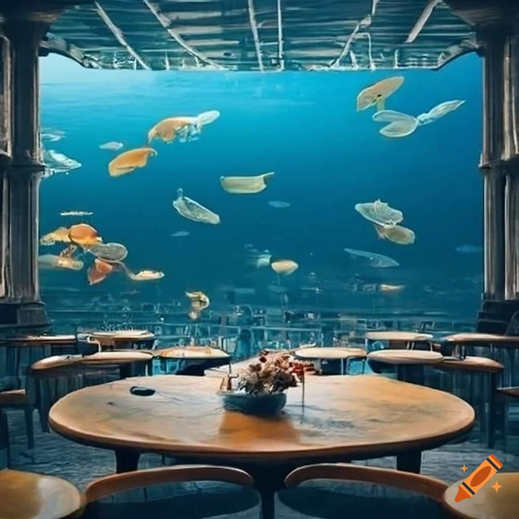 Library cafeteria with a view of the bosphorus under the sea on Craiyon