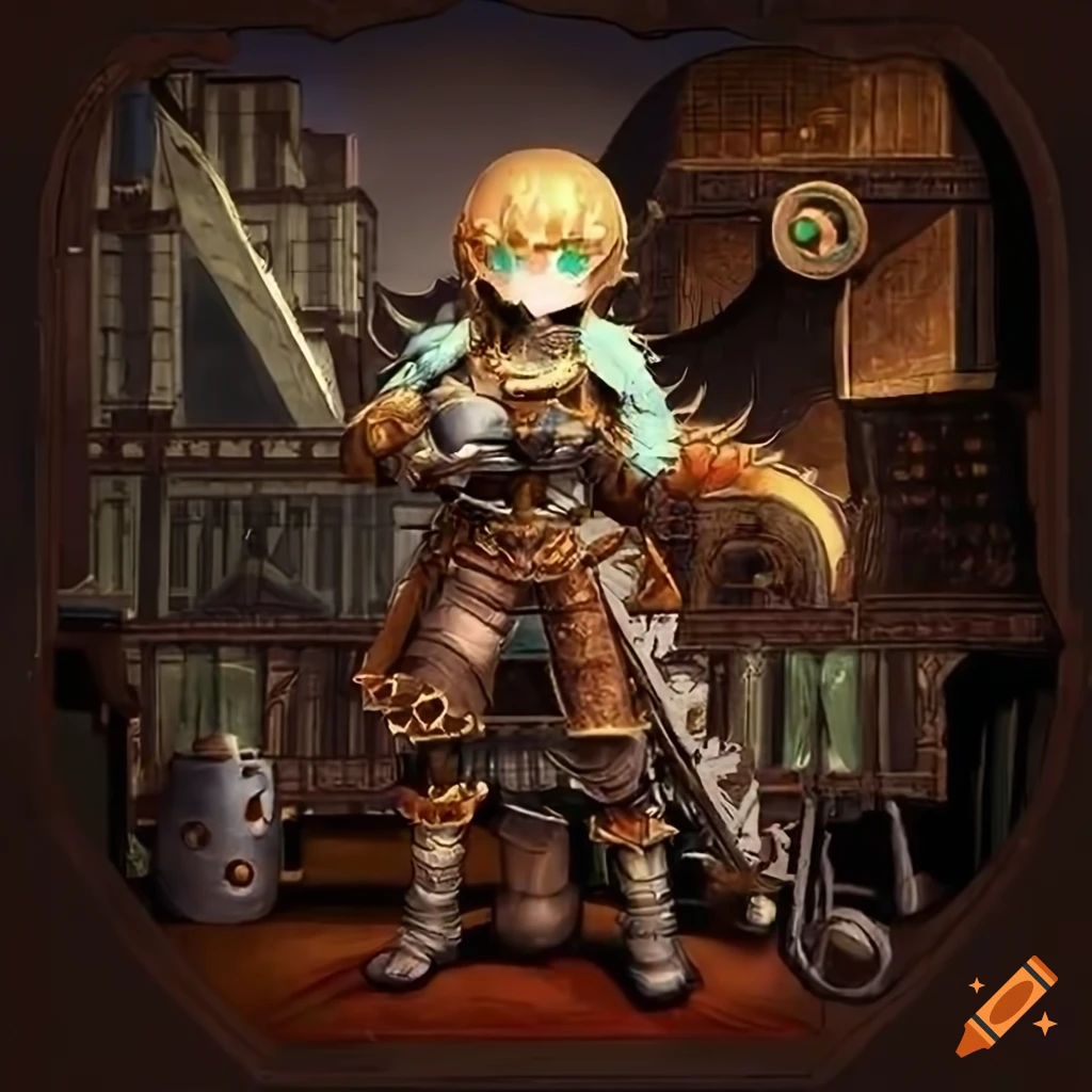 Brave knight-engineer in steampunk attire standing before the Iron ...