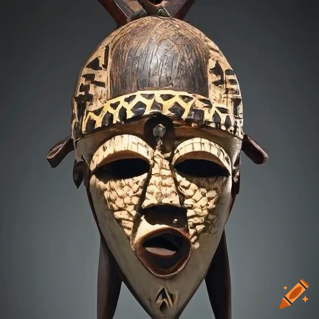 African fantastic mask in architectural stave carving style with ...