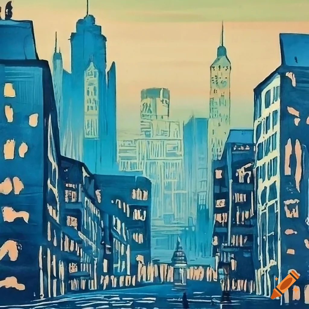 City landscape in woodblock style on Craiyon