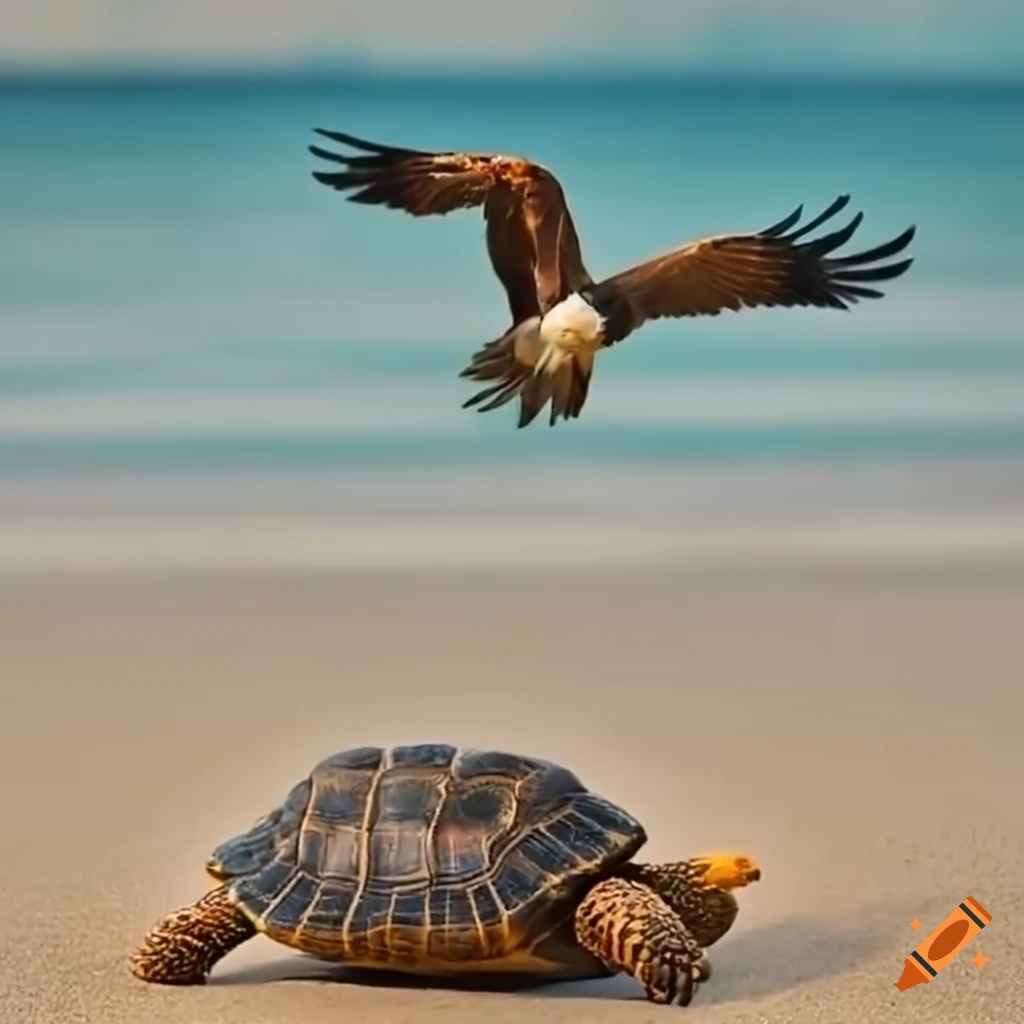 Two small tortoises on the beach with an eagle flying in the sky on Craiyon