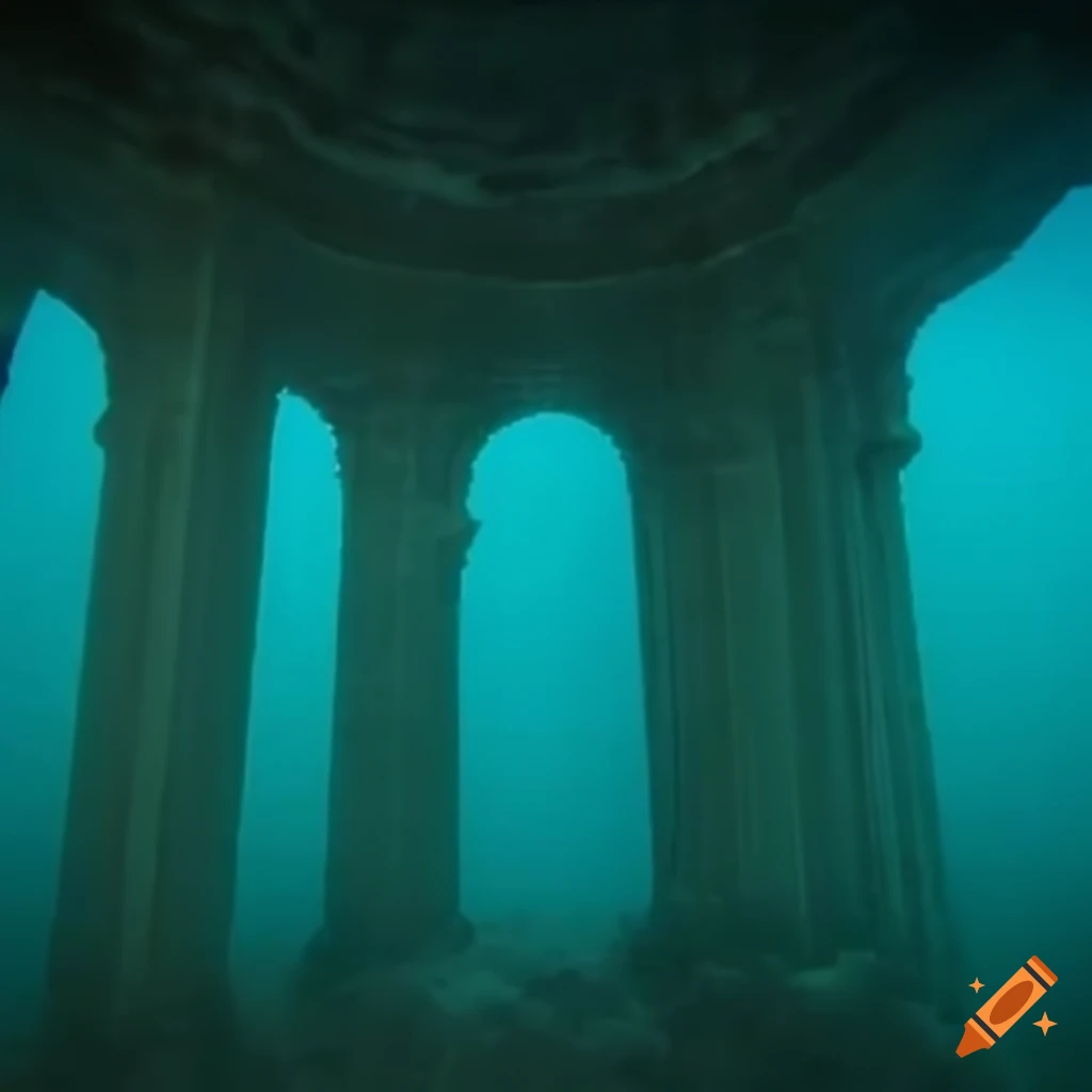 Roman temple submerged underwater in a clear pool on Craiyon