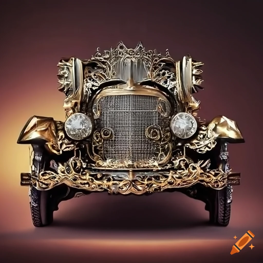 Vintage car with ornate armor plating and detailed design on Craiyon