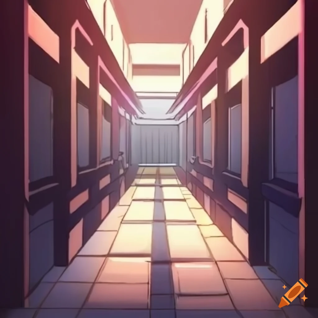 School corridor with anime-style design on Craiyon