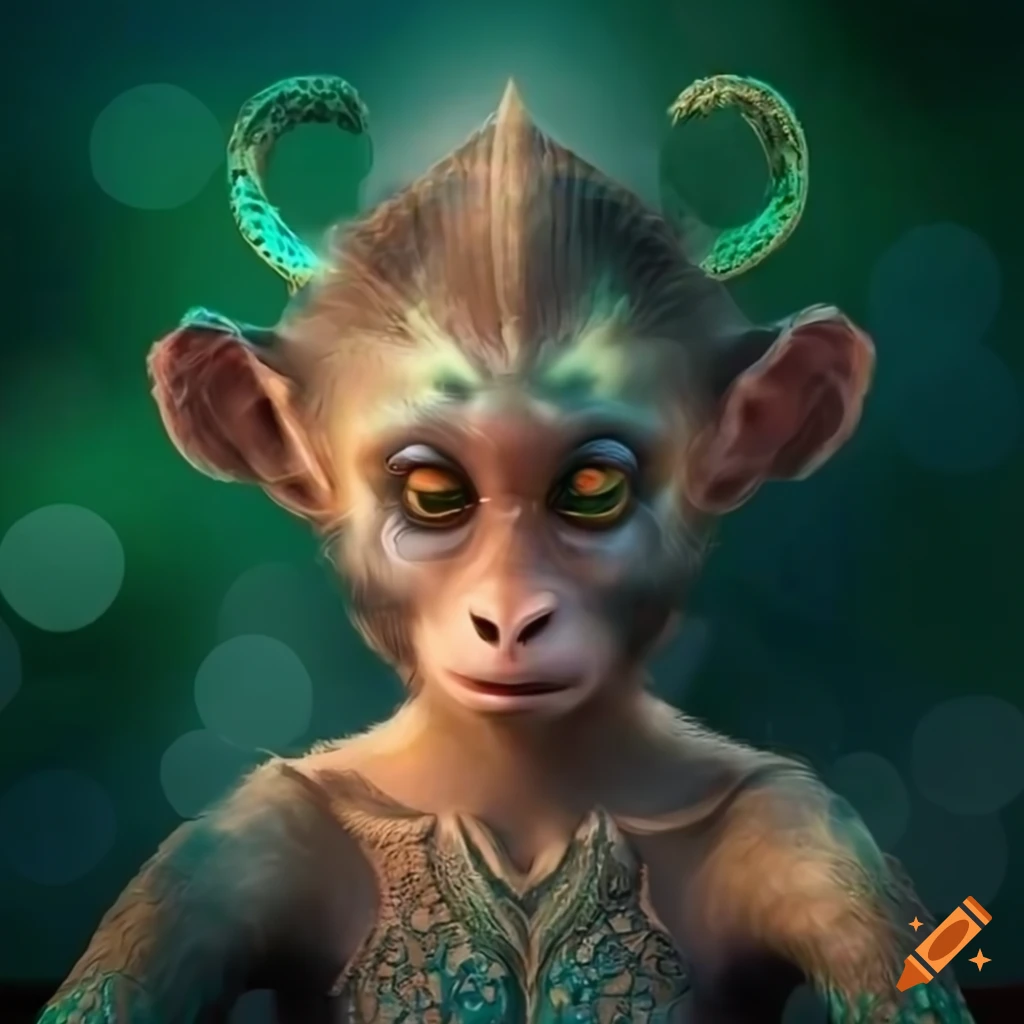 Female monkey-human hybrid with spiritual aura in a mystical forest on ...