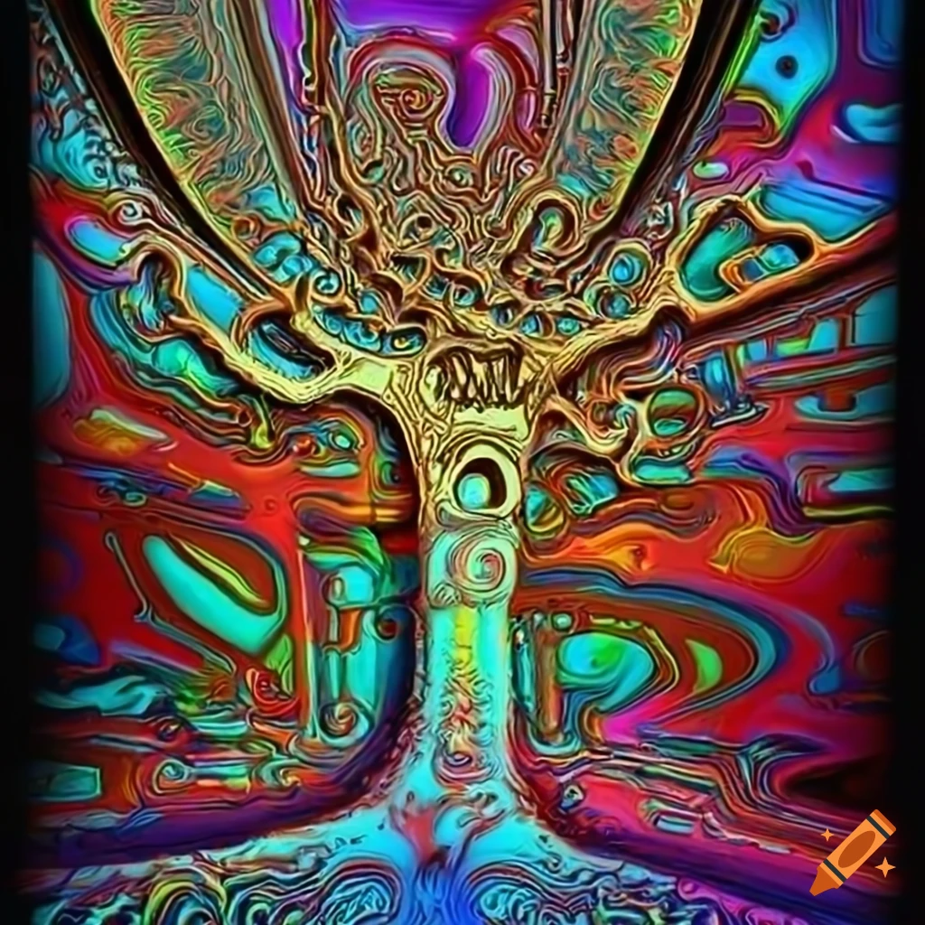 Psychedelic alien tree in tube art style with tropical plants in retro futurism on Craiyon