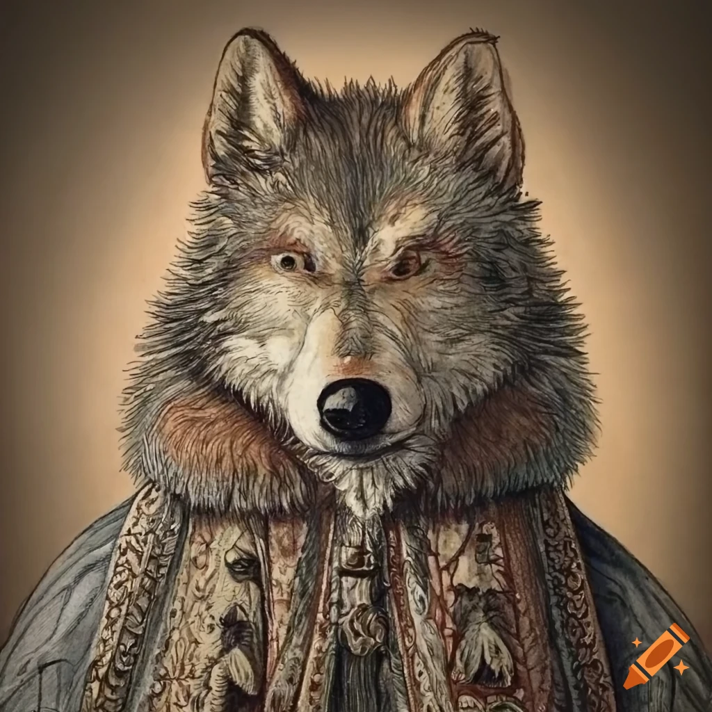 Noble wolf in a 17th-century fur robe intricately shaded on Craiyon