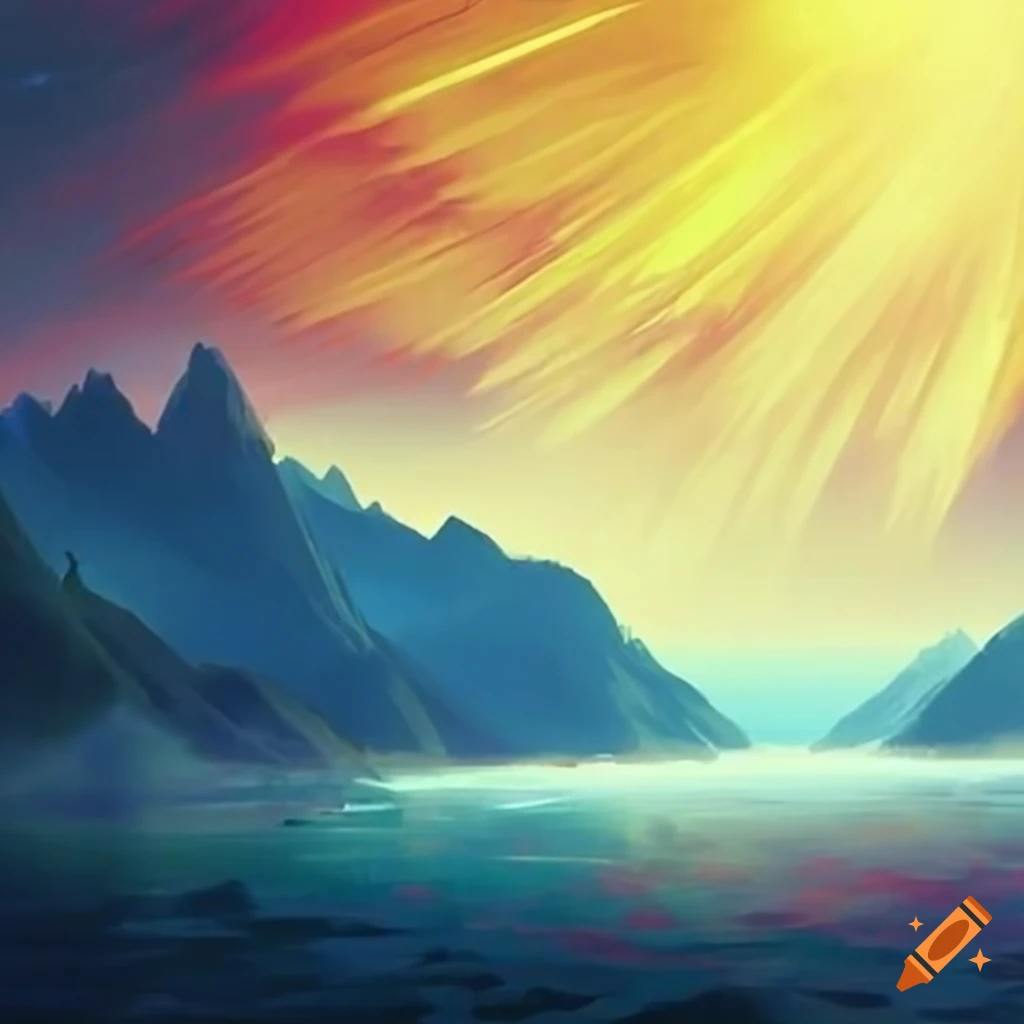 Scene with god rays shining on a mountain lake for a naturalistic ...