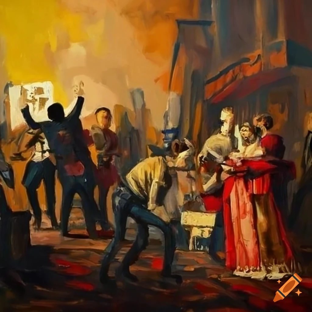 Modern protests in france depicted in renaissance style painting on Craiyon
