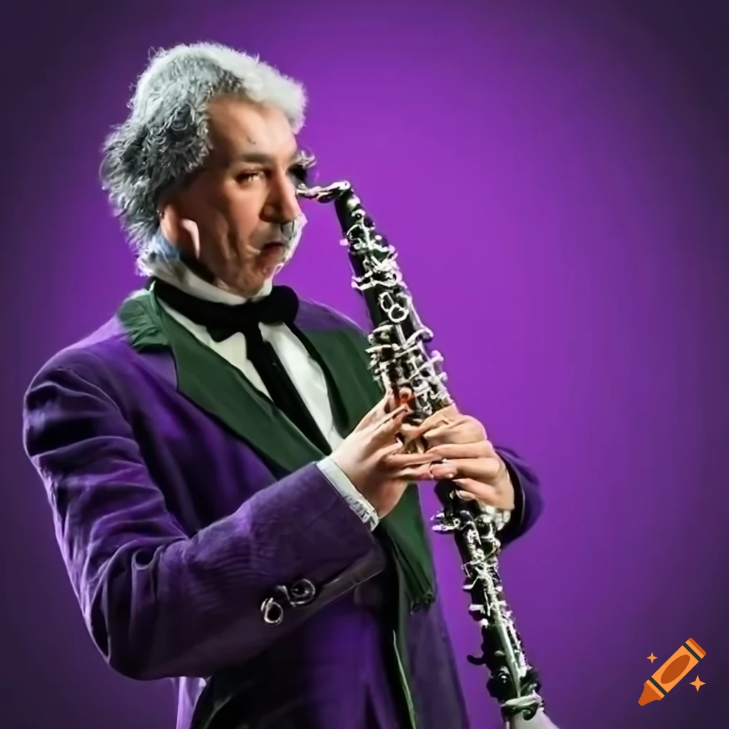 Grey-haired male musician playing oboe on a grand stage on Craiyon