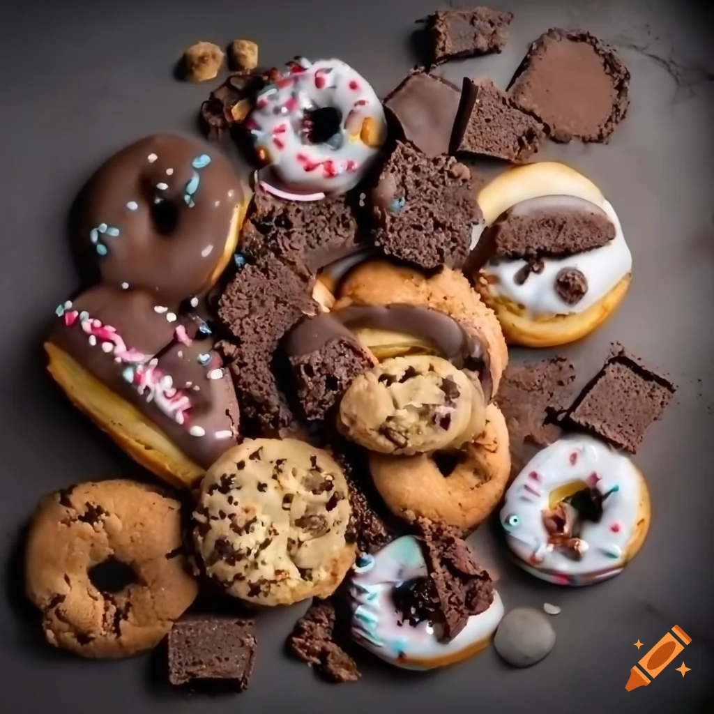 Plate with cookies, chocolate brownies, and donuts on Craiyon