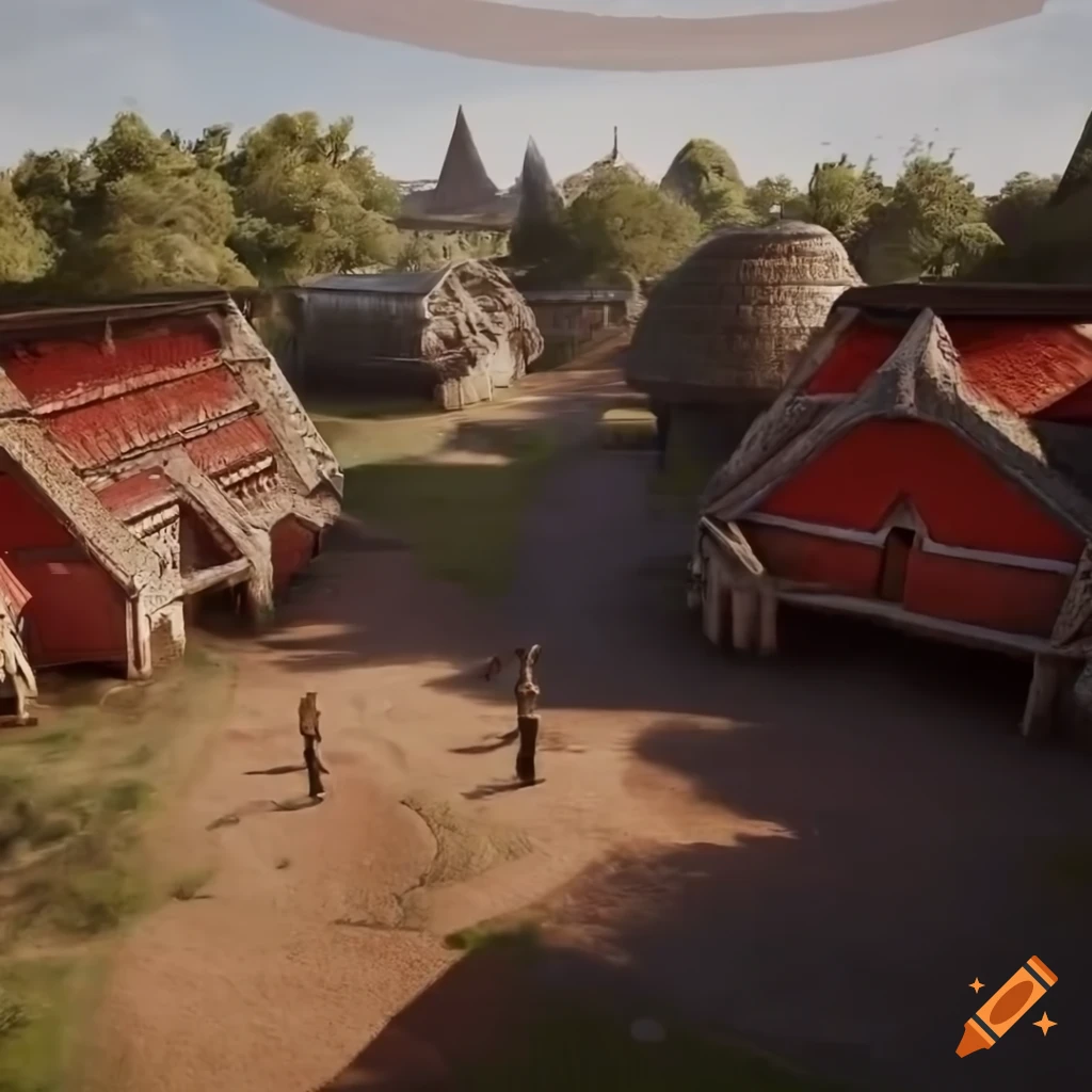 Aerial view of a sci-fi village street with red houses and a temple ...