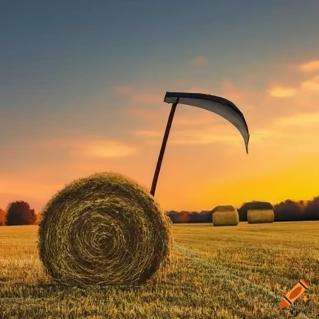 Scythe on hay bales surrounded by autumn foliage at sunset on Craiyon