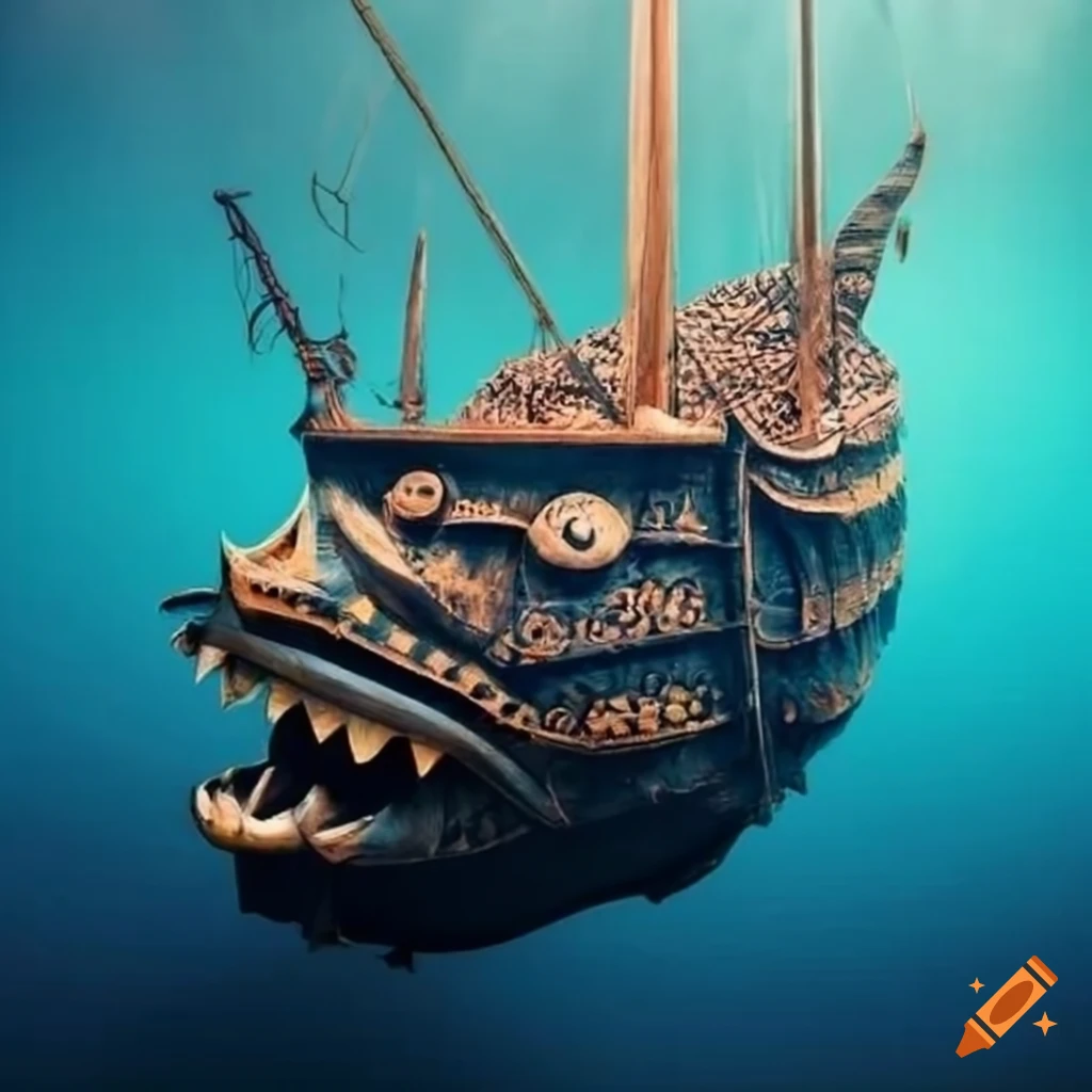 Intricately designed wooden ship with fish head decoration on bow on ...