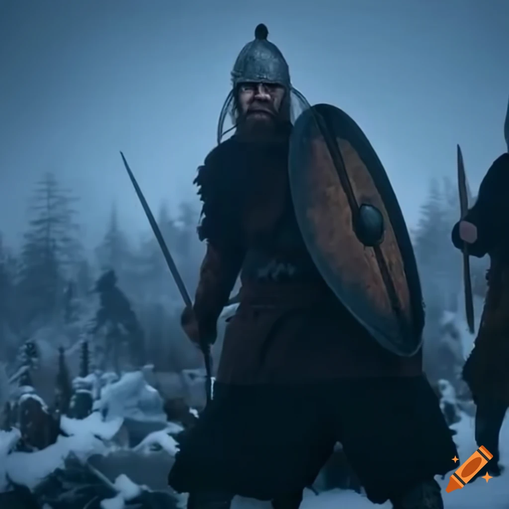 Epic battle between viking soldiers in a snowy storm on Craiyon