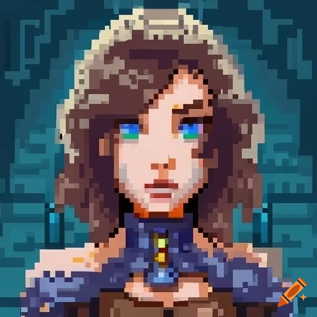 Pixel art girl with brunette hair and blue eyes in a square RPG style ...