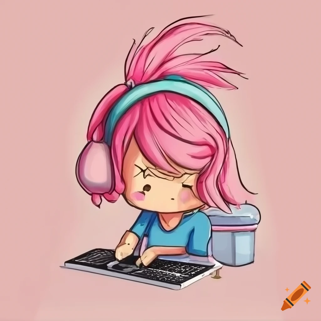 Chibi girl with pink hair working on a computer in a cartoon style on ...