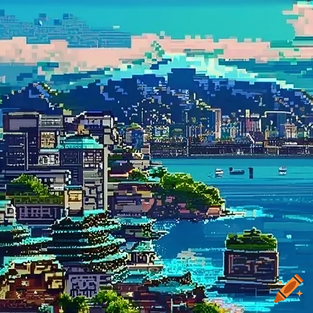 Japanese coastal city in detailed pixel art style on Craiyon