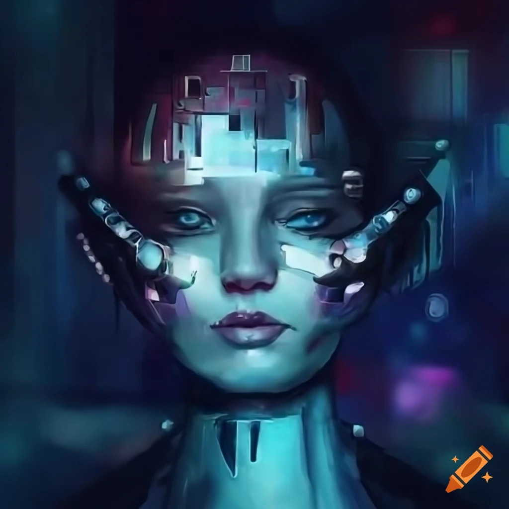 Female cyborg with human and cybernetic features in a cyberpunk ...