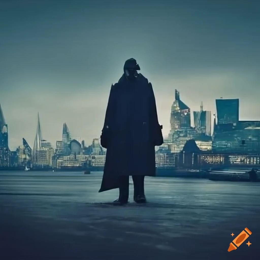 Mysterious figure in trench coat with loyal wolf overlooking London ...