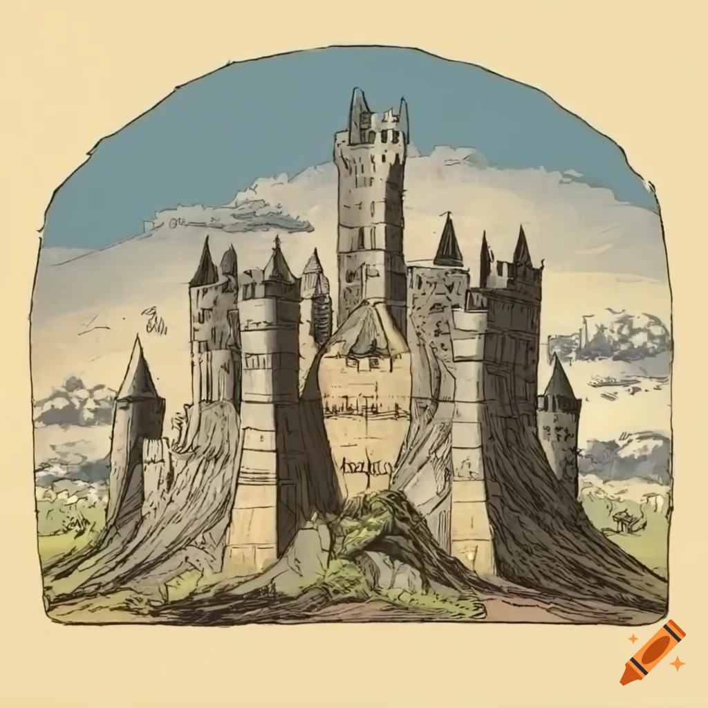 Heroic castle with towers in comic book style from the golden era ...
