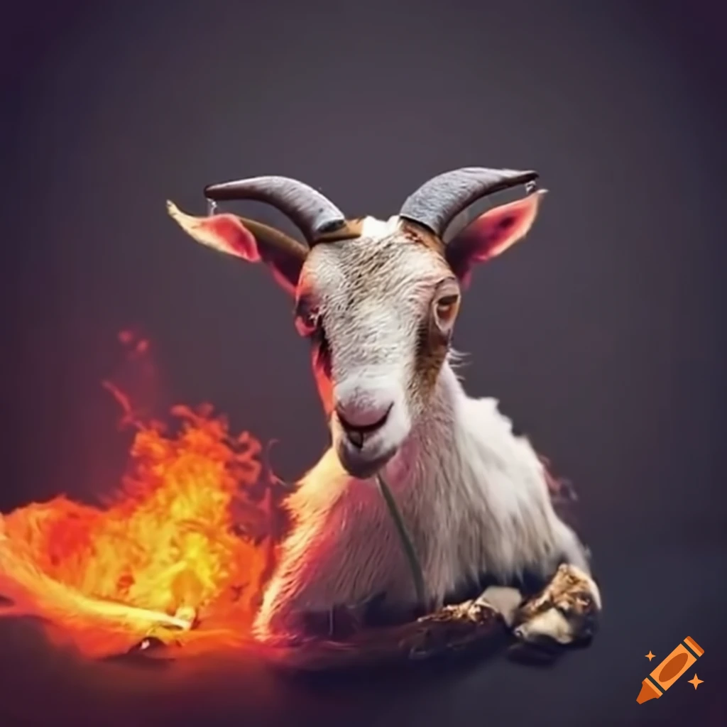 Goat rapping into a microphone surrounded by fire on Craiyon