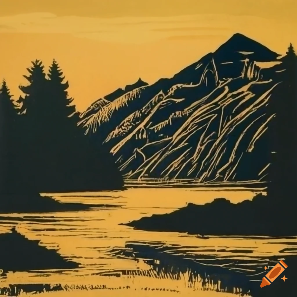 American landscape in woodblock style on Craiyon