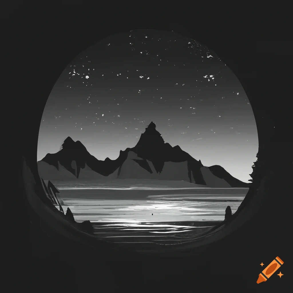 Sci-fi space landscape with martian mountains in high contrast black ...