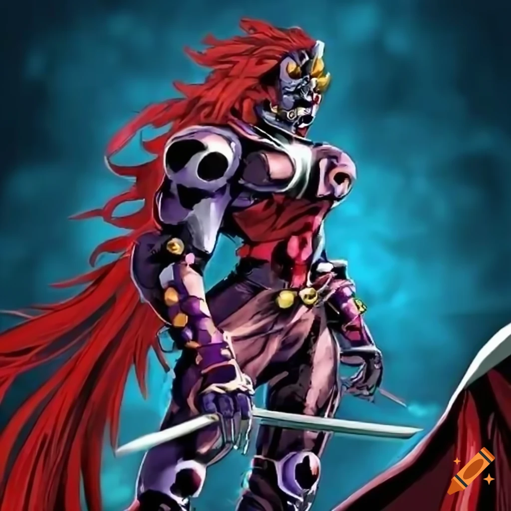 JoJo character in red armor wielding sword and spear on Craiyon
