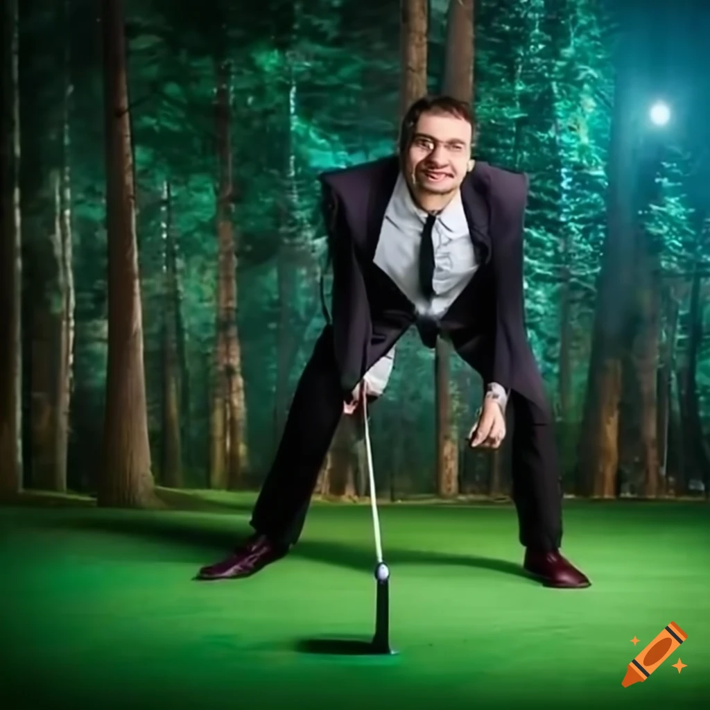 Businessman having fun playing mini golf in an enchanted forest on Craiyon
