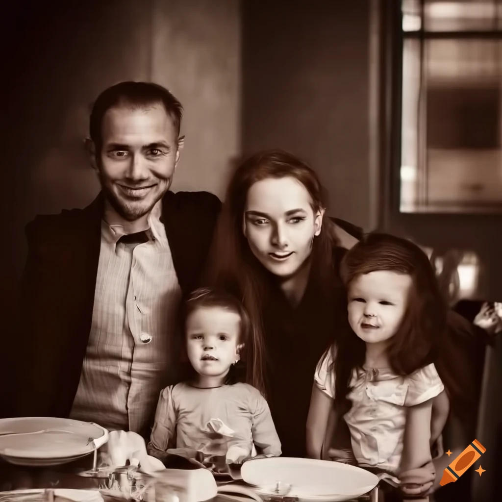 Portrait of modern family at a restaurant with vintage filter on Craiyon