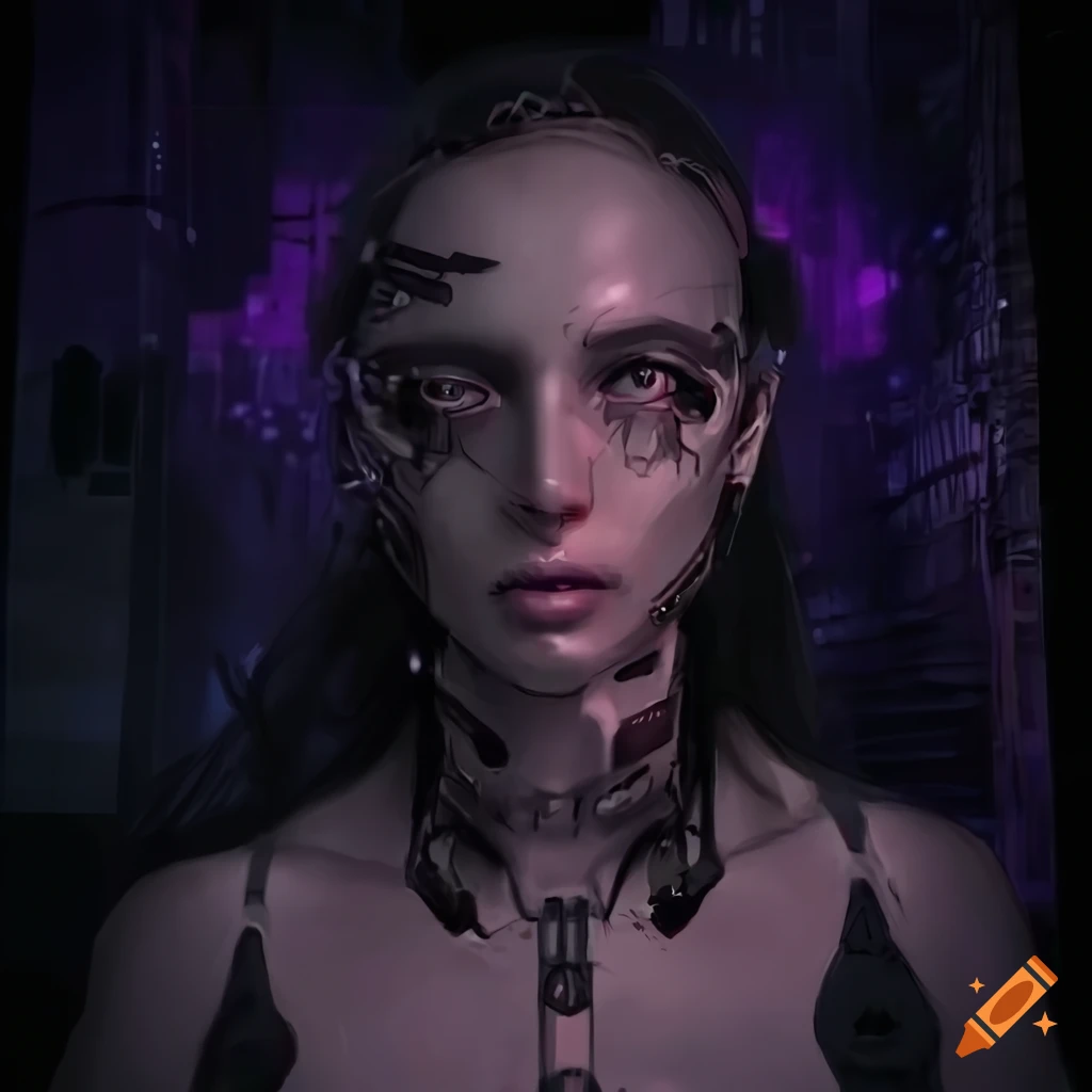 Female cyborg goddess in a dark cyberpunk cityscape on Craiyon