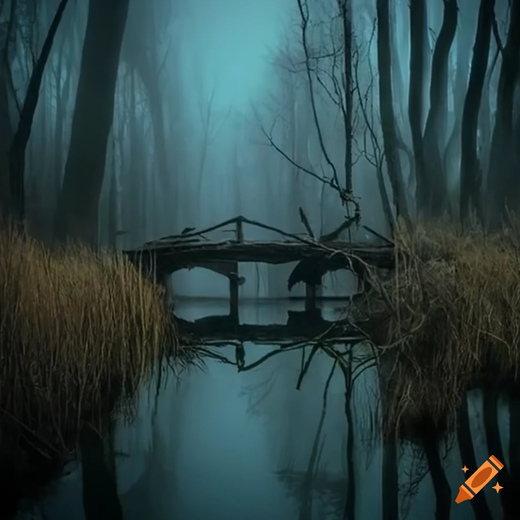 Spooky wooden bridge in misty dark forest marshes on Craiyon