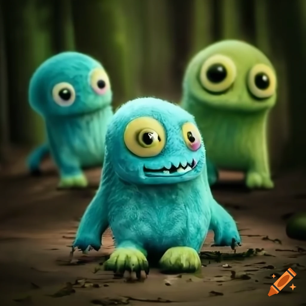 Three cute monsters playing in a foam tree forest on Craiyon