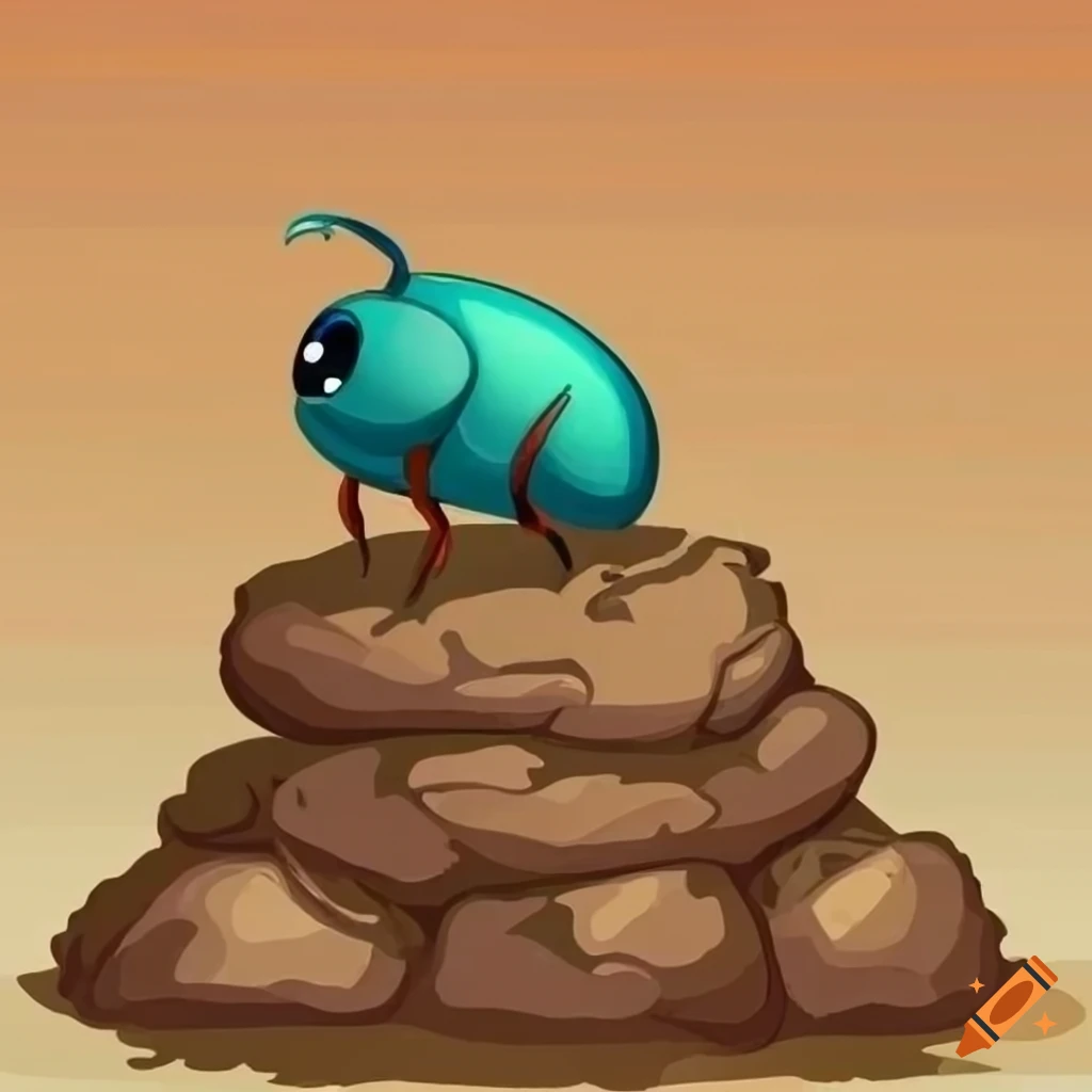 Cartoon dung beetle on a pile of dung on Craiyon