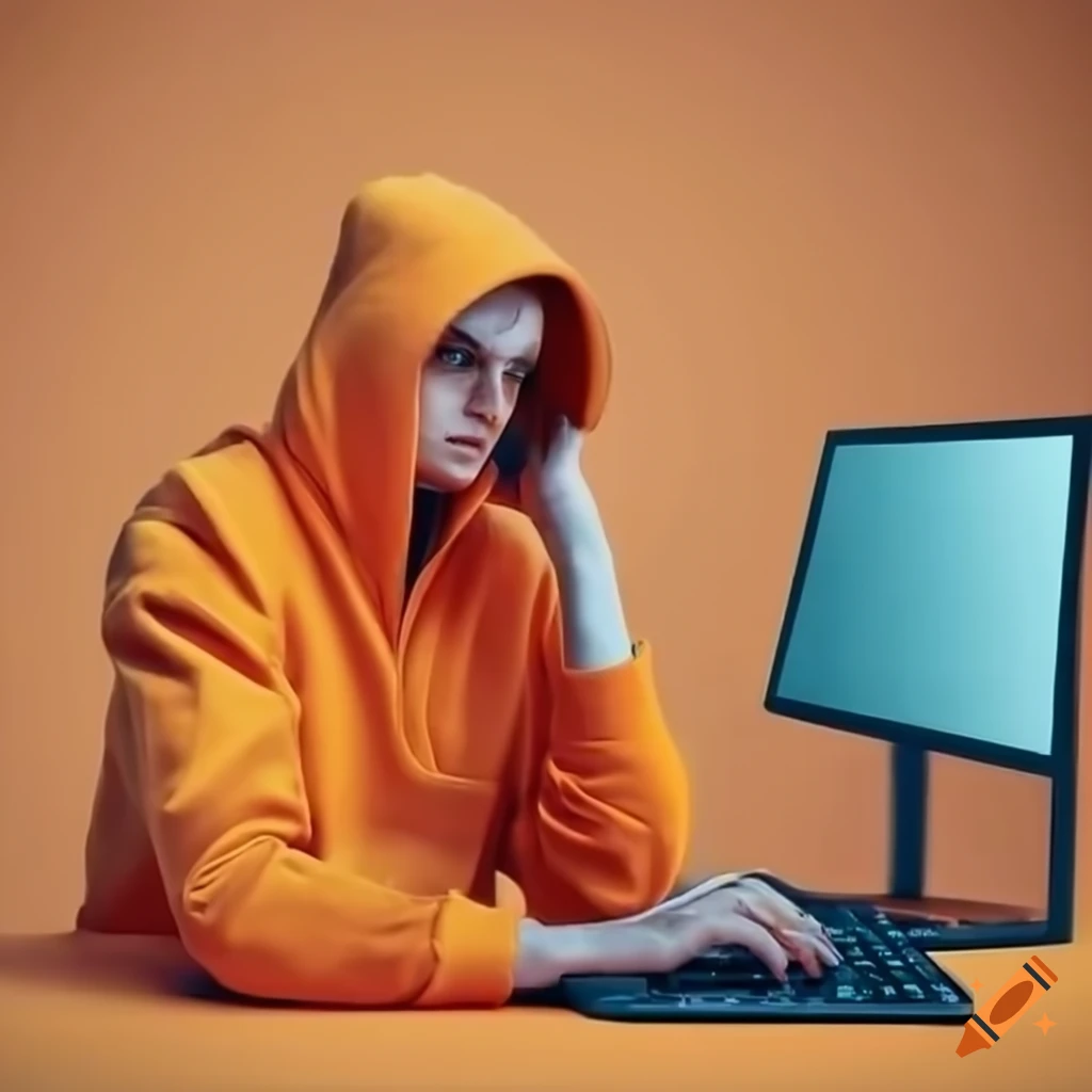 Man in an orange hoodie typing on a computer monitor on Craiyon