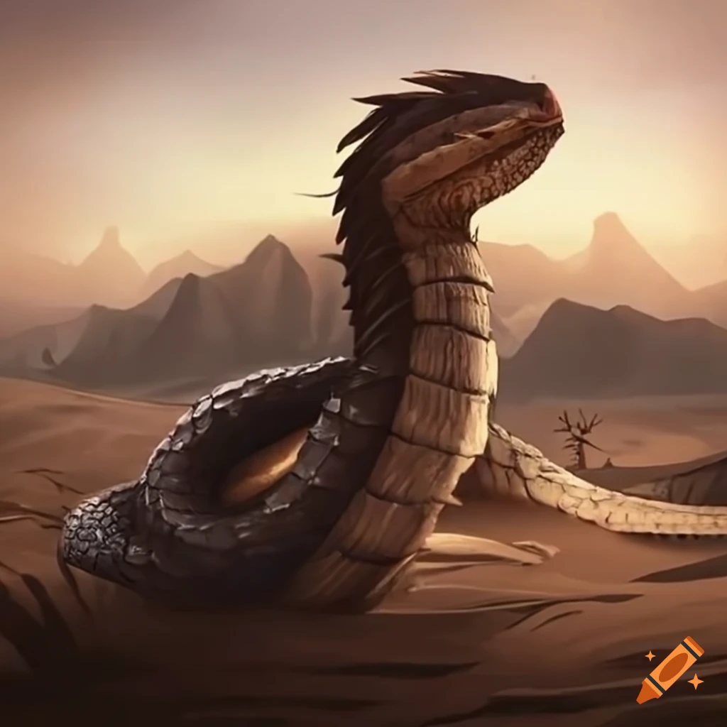 Mythical armored snake in a desert landscape on Craiyon