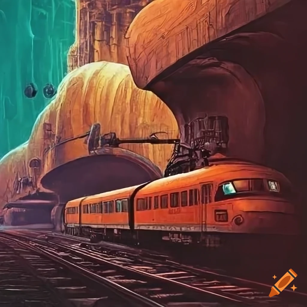 70s sci-fi martian underground train art on Craiyon