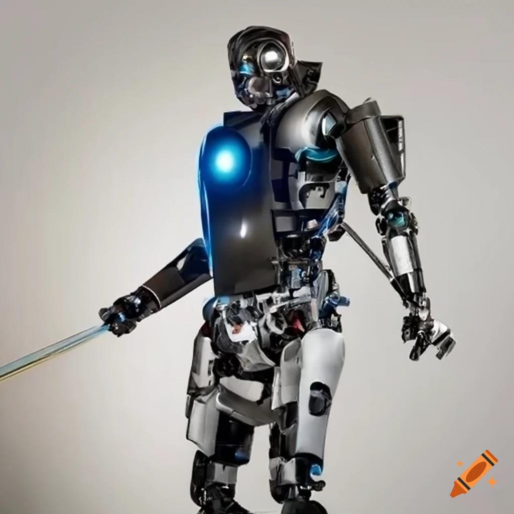 Robot exosuit with magnetic sword and blue eyes on Craiyon