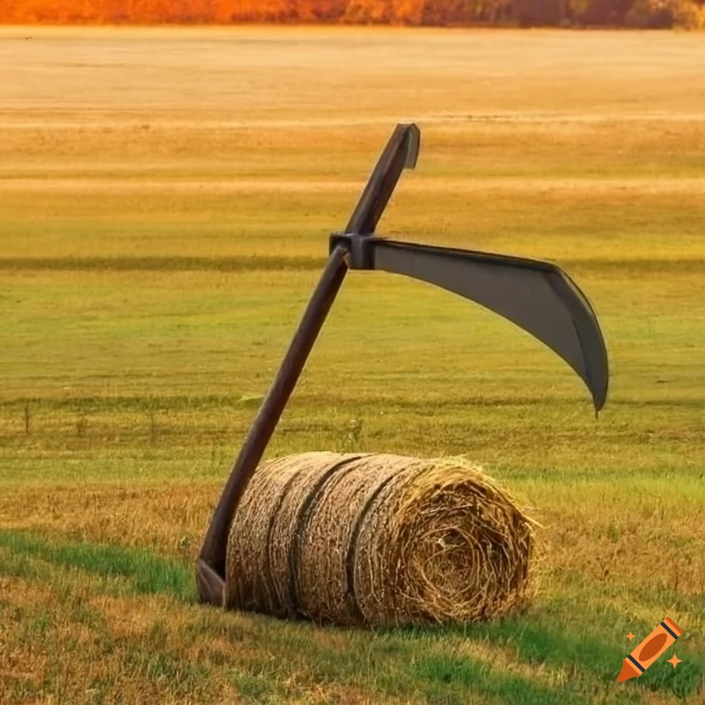 Scythe resting on hay bale in rural autumn setting on Craiyon