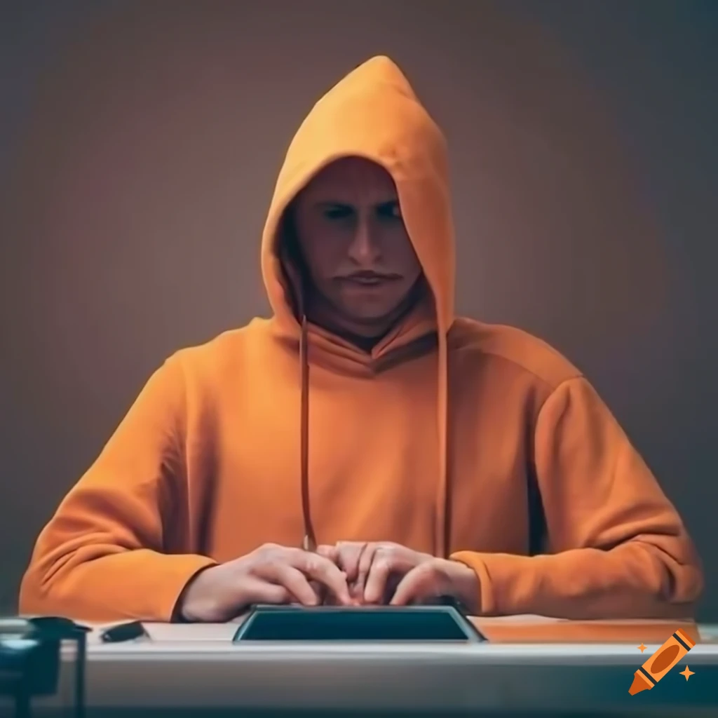 Man in orange hoodie typing on a computer keyboard on Craiyon