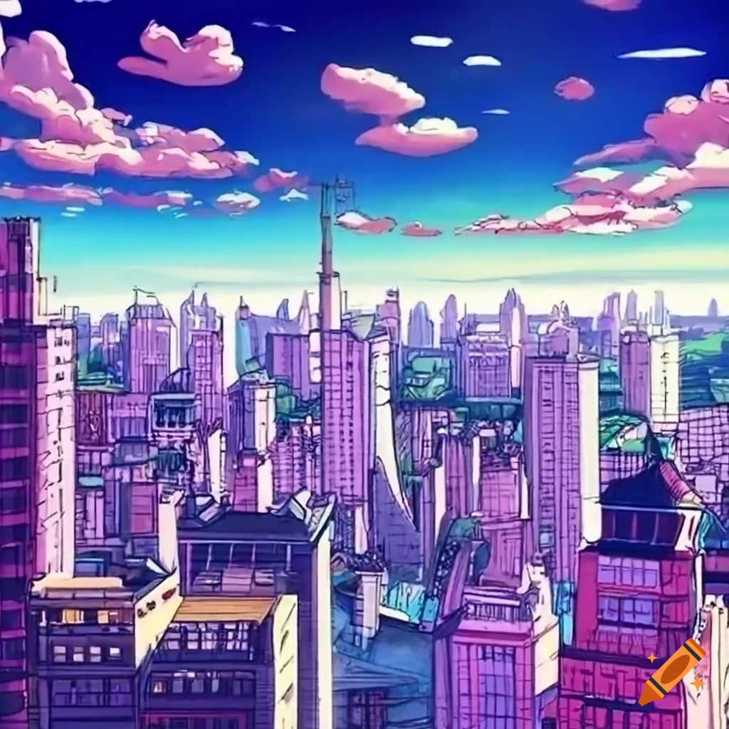 Panoramic anime-style city in manga drawing style on Craiyon