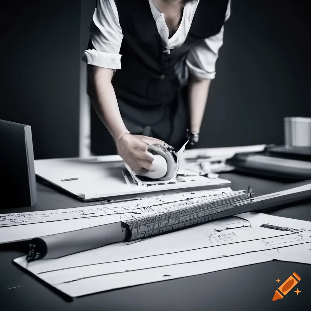 Professional architects working on computer with blueprints in modern ...