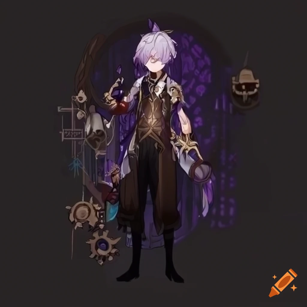 Character design sheet of a genshin impact male inventor with electro ...