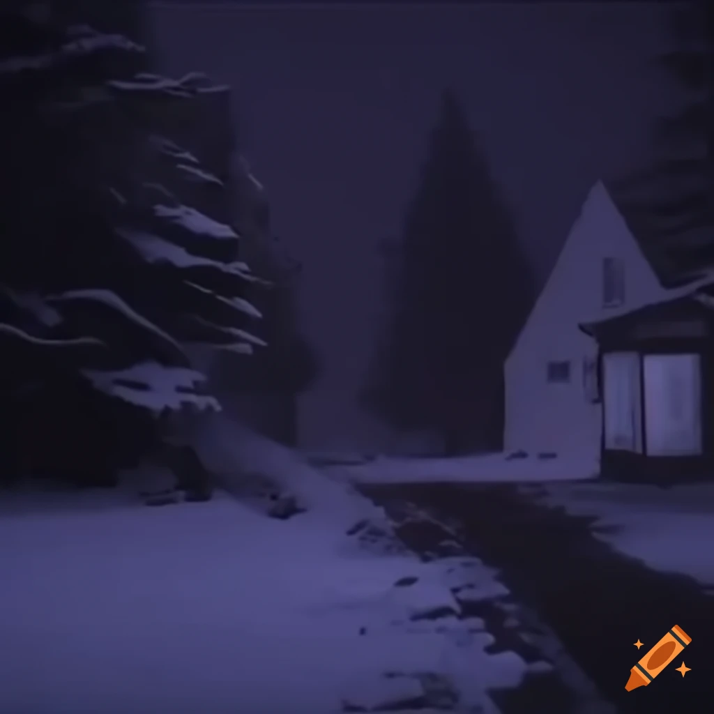 Outdoor liminal space with a snow-covered house in the neighborhood on ...