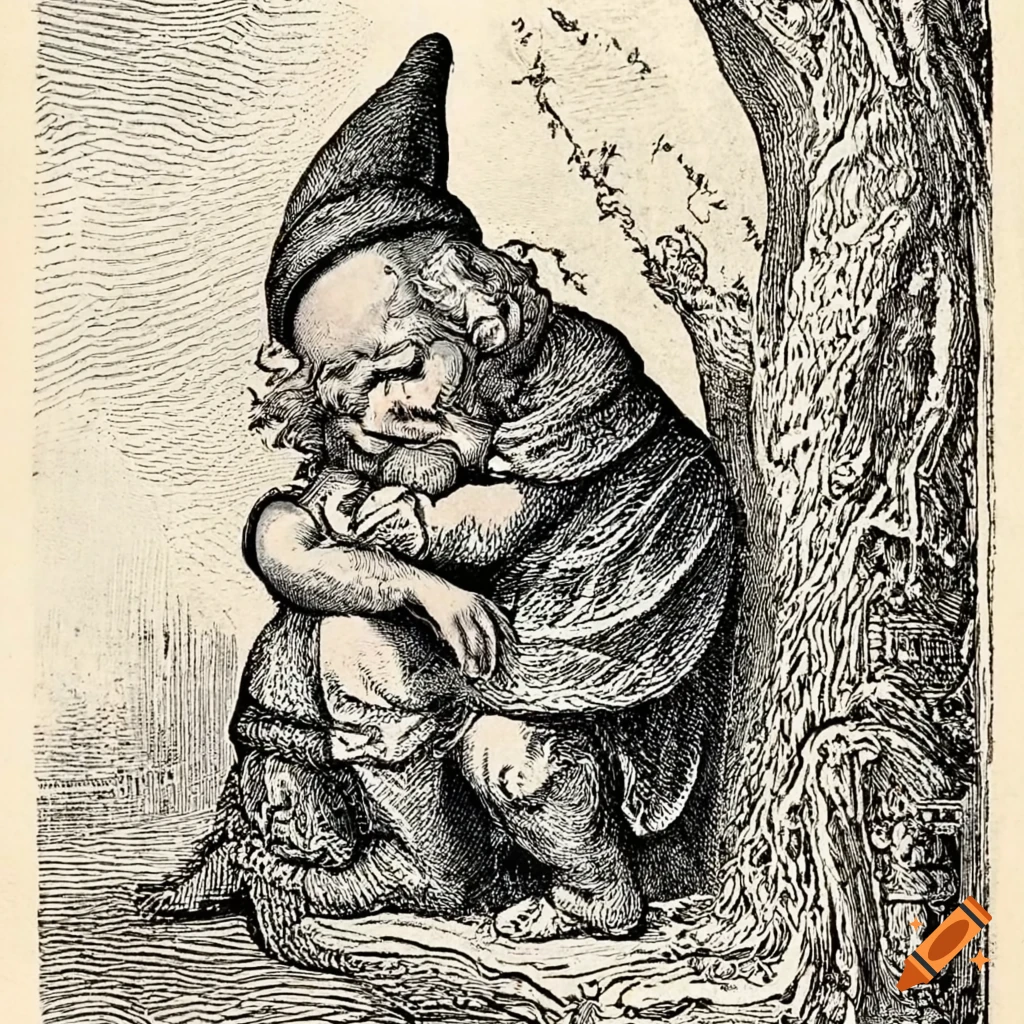 Renaissance engraving of an old and wise gnome sleeping on a tree on ...
