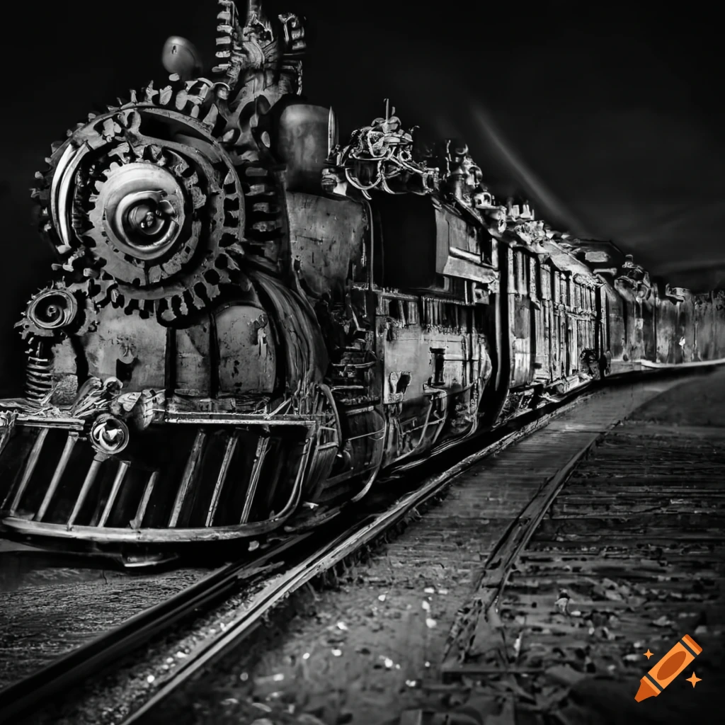 High contrast black and white steampunk ghost train with industrial ...