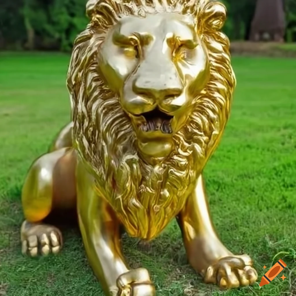 Majestic gold lion statue in grass on Craiyon