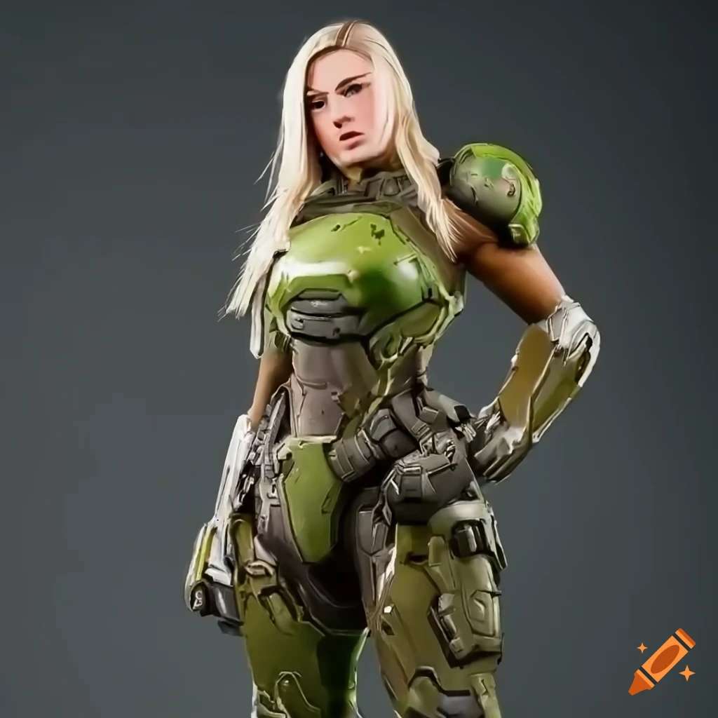 Blonde female doom slayer in futuristic armor from doom eternal on Craiyon